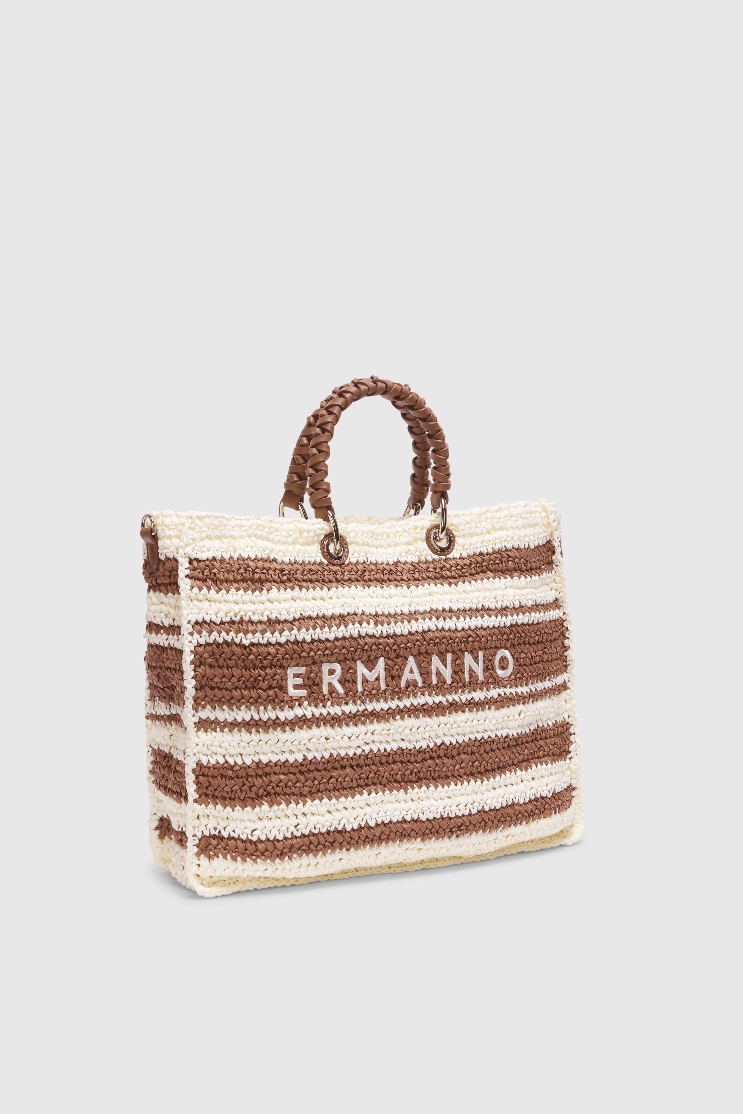 BORSA SHOPPING GRANDE IN RAFIA A RIGHE CON LOGO RICAMATO – ERMANNO FIRENZE